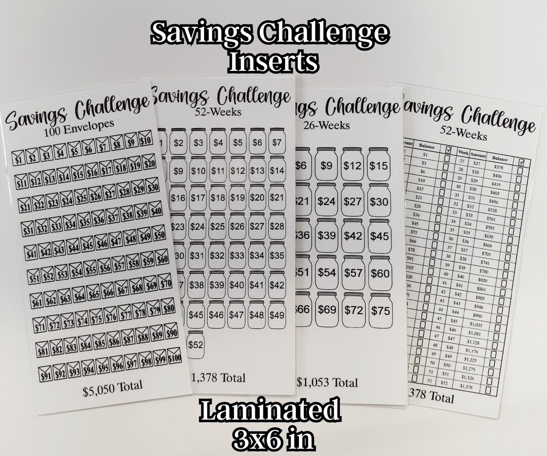 Savings Challenge Laminated Inserts, 26 Weeks, 52 Weeks, 100 Envelope ...