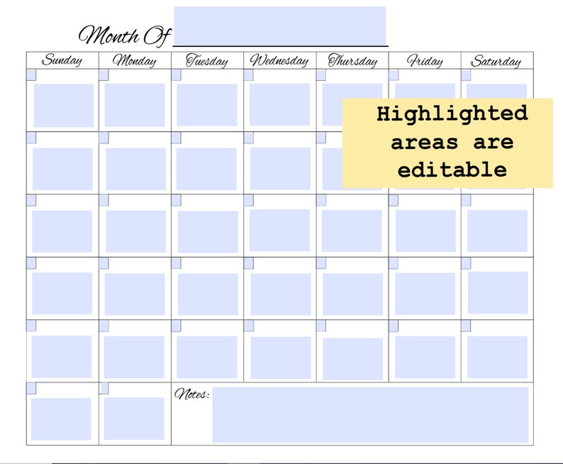 Blank Monthly Calendar Template: Editable PDF Printable (digital ...