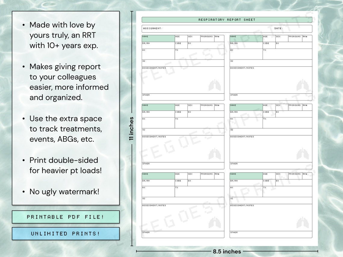 Respiratory Therapist Report Sheet Downloadable PDF - Etsy