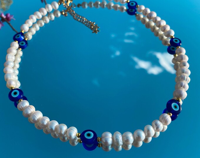 Evil Eye Pearl Necklace / Pearl Evil Eye Necklace / Evil Eye Necklace ...