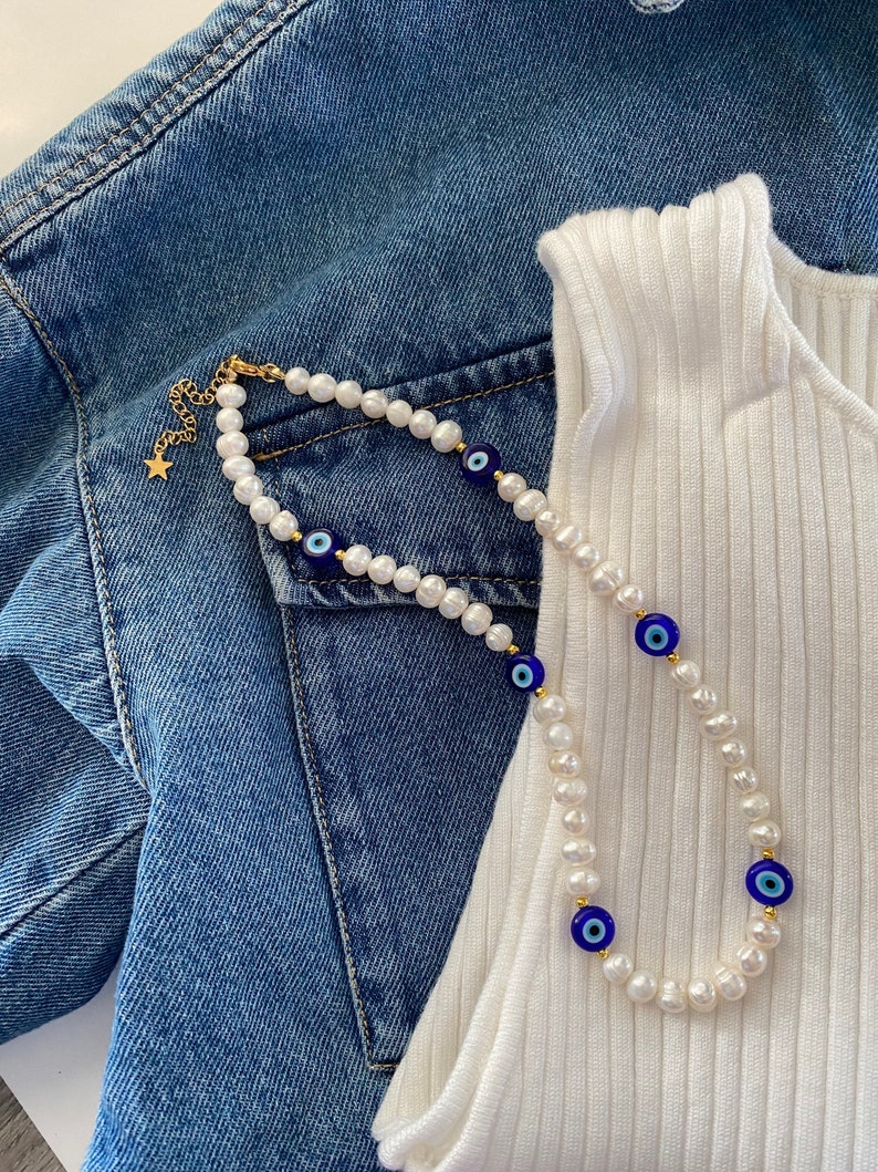 Evil Eye Pearl Necklace / Pearl Evil Eye Necklace / Evil Eye - Etsy