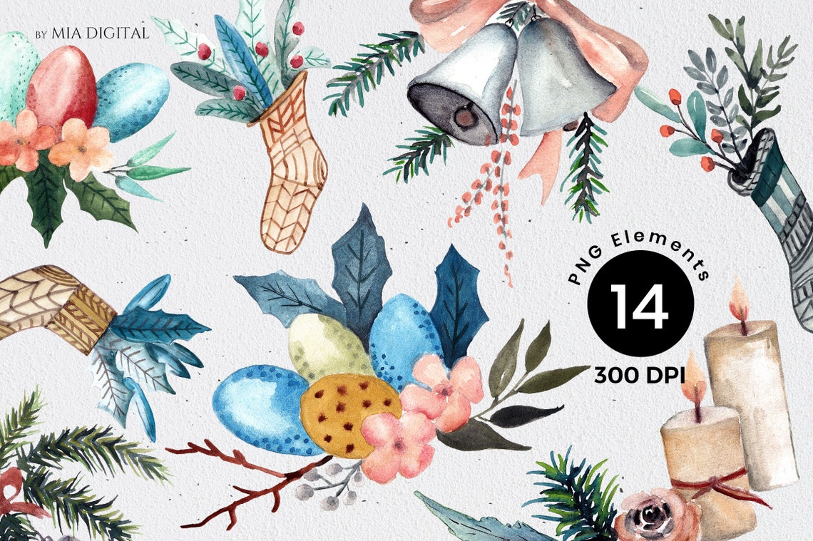 Watercolor Spring Easter Clipart/hand-painted Eggs, Flowers, Bells ...