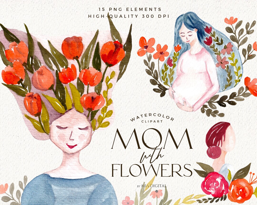 Mom With Flowers Clipart/happy Mother's Day PNG Clip Art/watercolor Mom ...