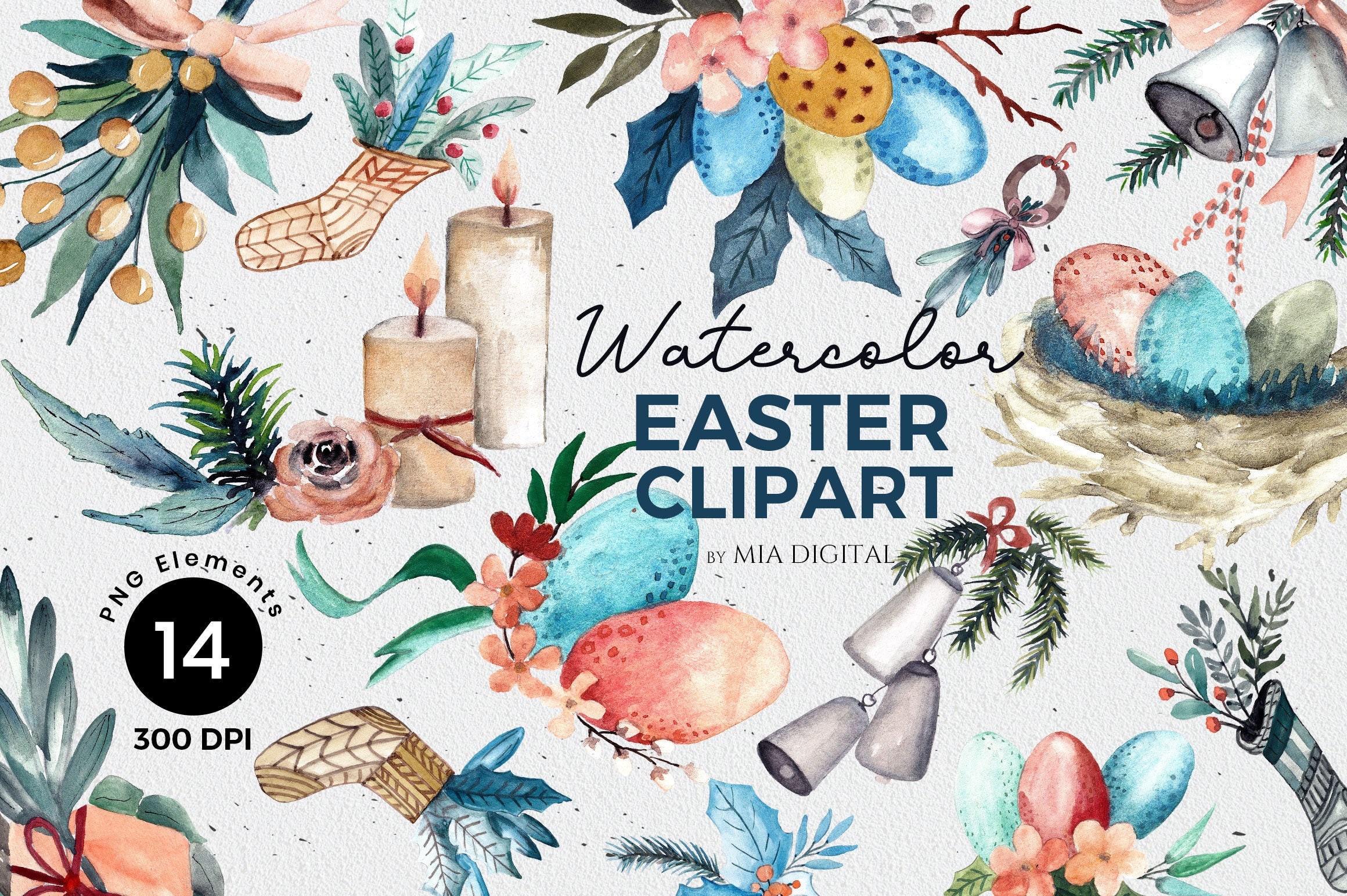 Watercolor Spring Easter Clipart/hand-painted Eggs, Flowers, Bells ...