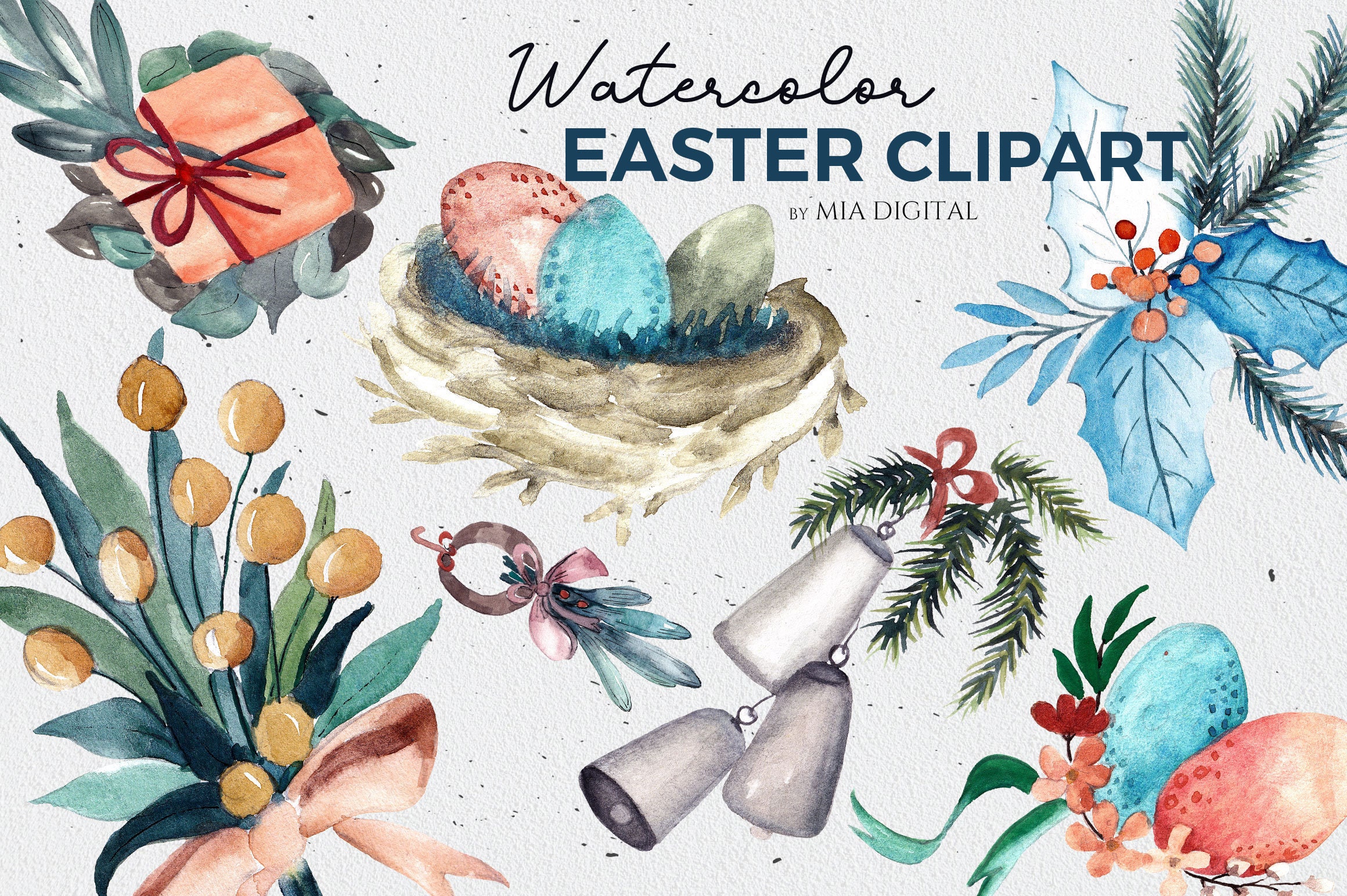 Watercolor Spring Easter Clipart/hand-painted Eggs, Flowers, Bells ...
