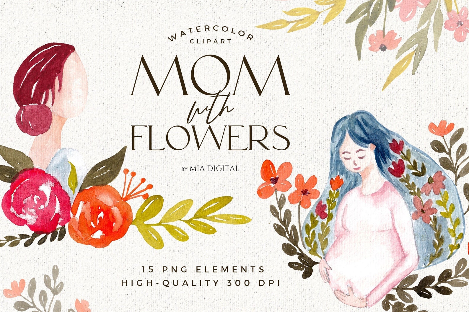 Mom With Flowers Clipart/happy Mother's Day PNG Clip Art/watercolor Mom ...
