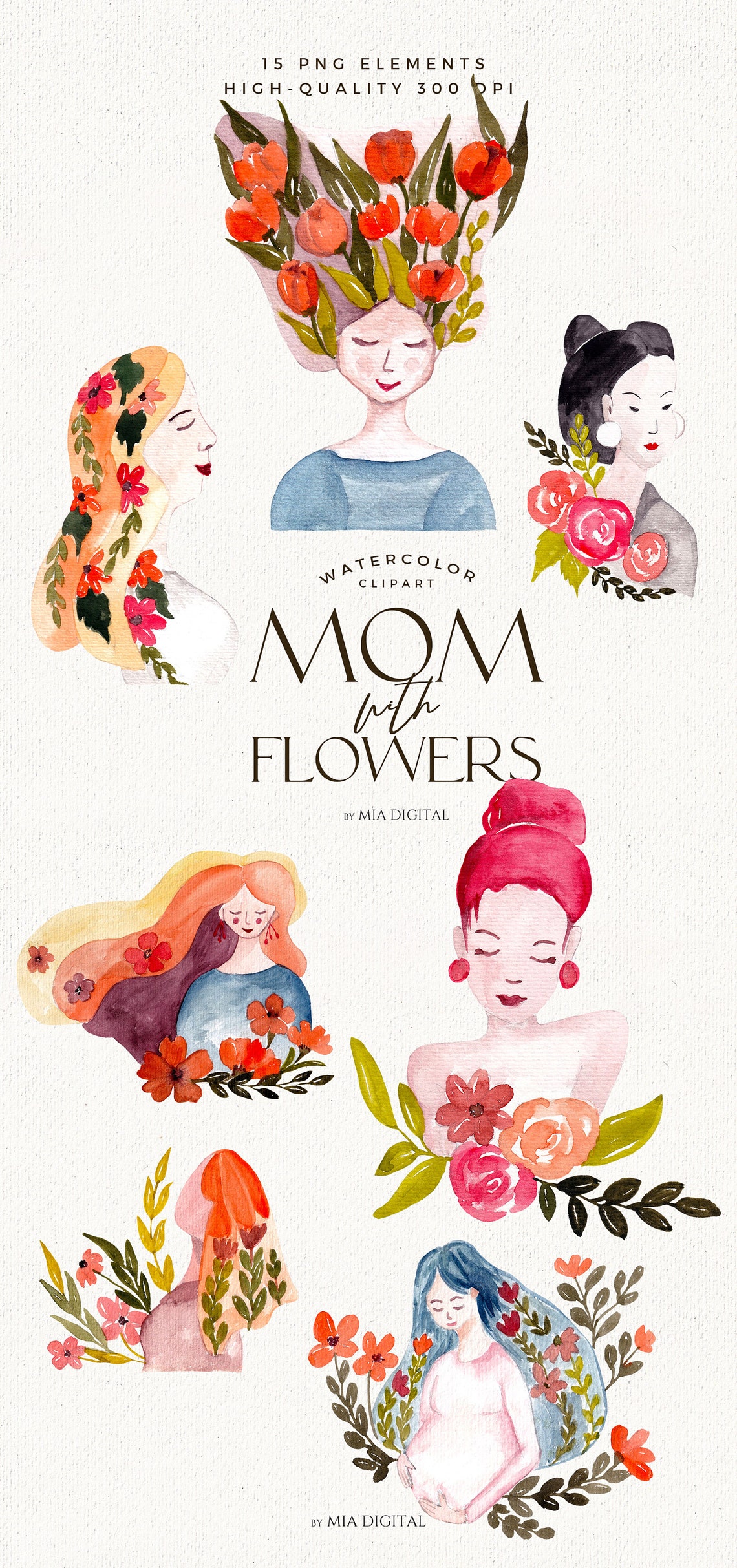 Mom With Flowers Clipart/happy Mother's Day PNG Clip Art/watercolor Mom ...