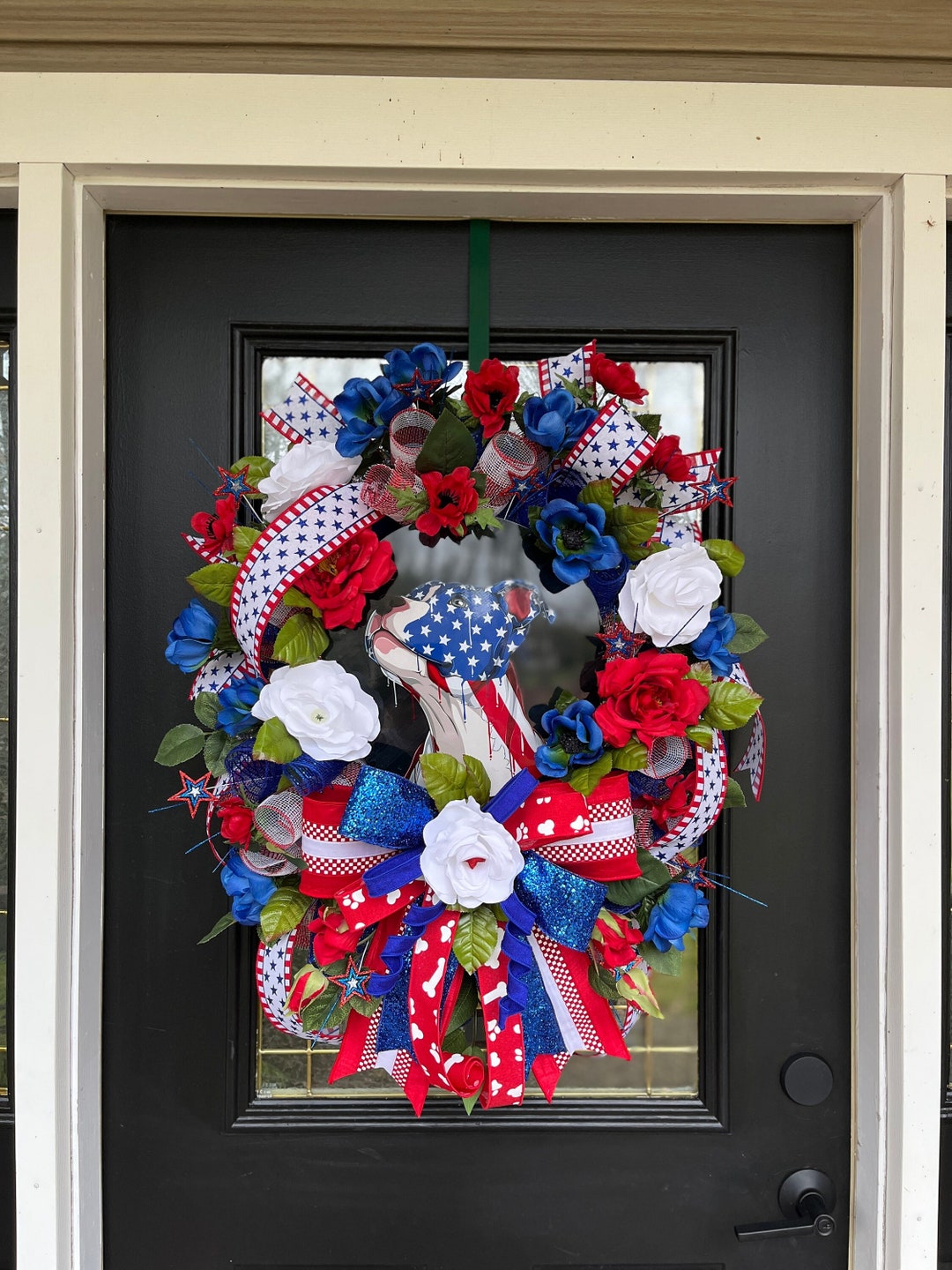 XL Patriotic Dog Wreath, 4th of July Pit Bull Wreath, Dog Door Hanger ...