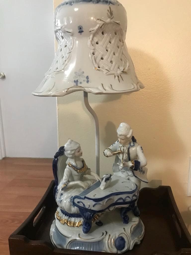 Vintage Meissen Style Victorian Table Lamp Courting Couple in Blue and ...