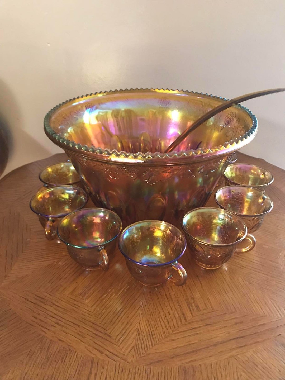 Vintage Amber Marigold Punch Bowl Set With Grape and Leaves - Etsy