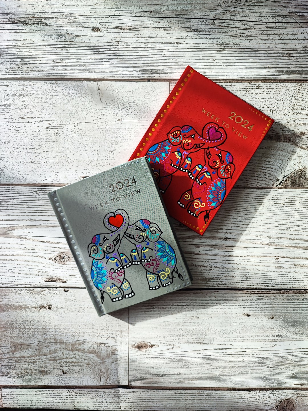 Red and Grey Pocket Diary 2024,week to View, Elephant With Heart, Dot ...