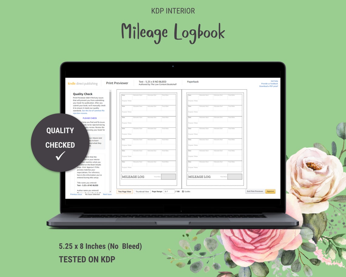 Vehicle Mileage Log Book KDP Template KDP Interiors Printable Logbook ...