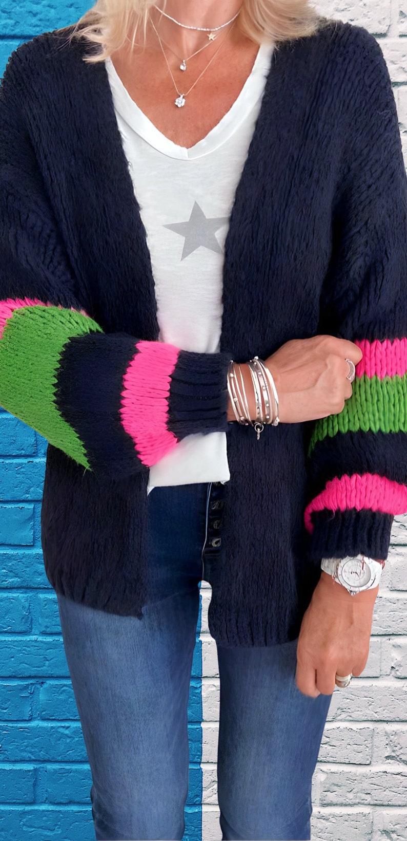 Chunky Knit Wool Mix Cardigan With Striped Sleeve Made In Italy Etsy Uk