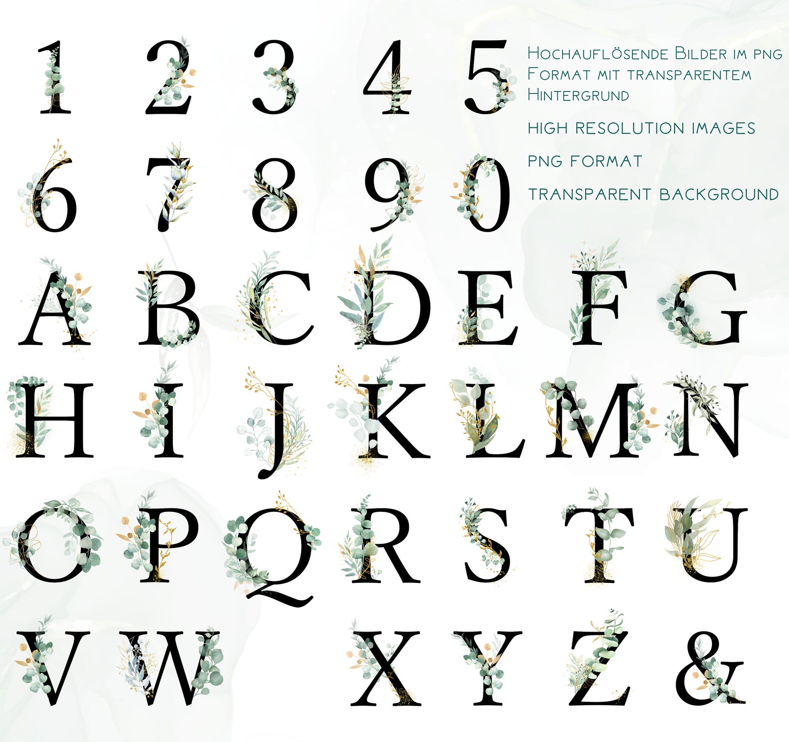Eucalyptus Alphabet Watercolor, Eucalyptus Clip Art, Watercolor Font ...