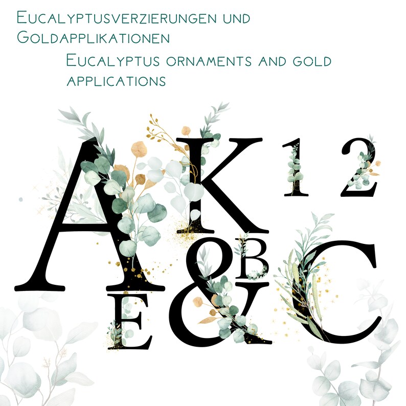 Eucalyptus Alphabet Watercolor, Eucalyptus Clip Art, Watercolor Font, Number Clipart, Leaf ...