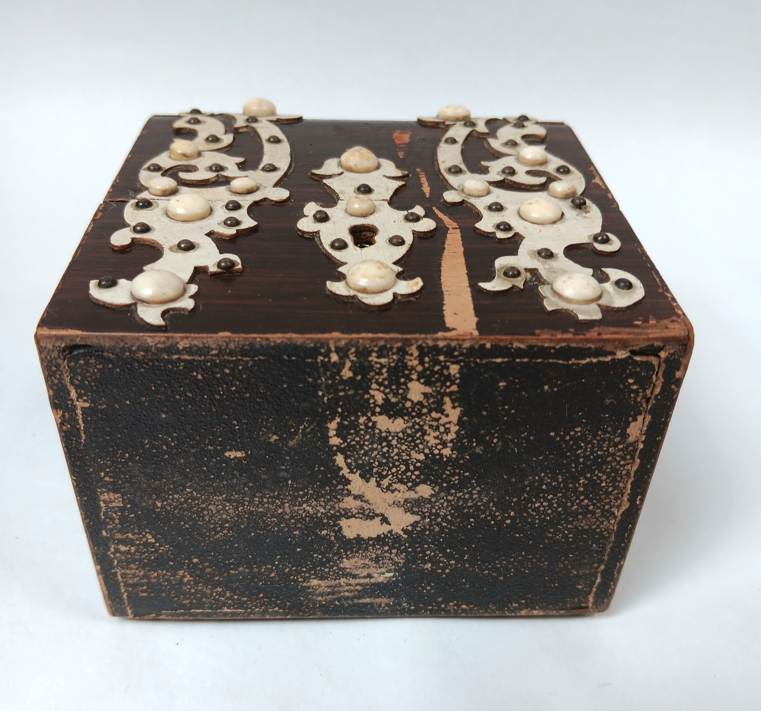 Antique Wooden Travel Casket Box With Scrolling Decoration and Two ...