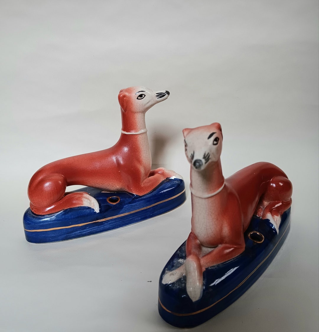 Antique Pair of Staffordshire Ceramic Whippet Greyhound Wally Dogs Pen ...