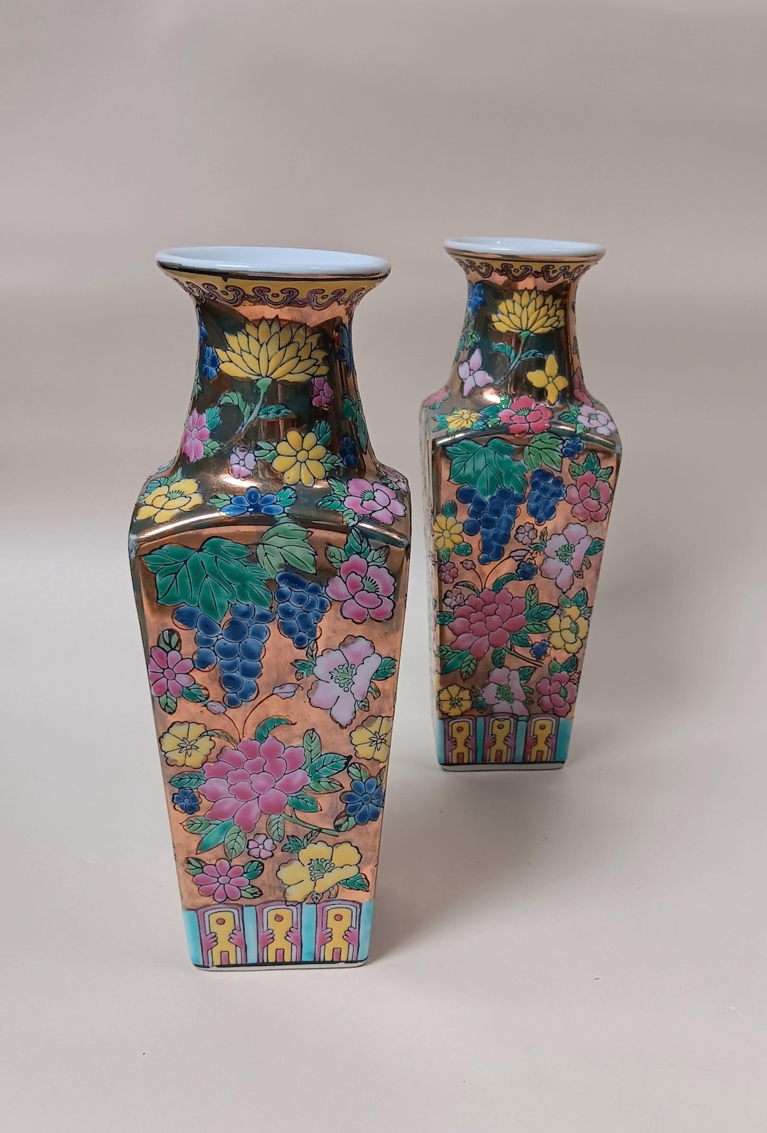 Pair of Chinese Export Ceramic Enamelled and Embossed Vases With ...