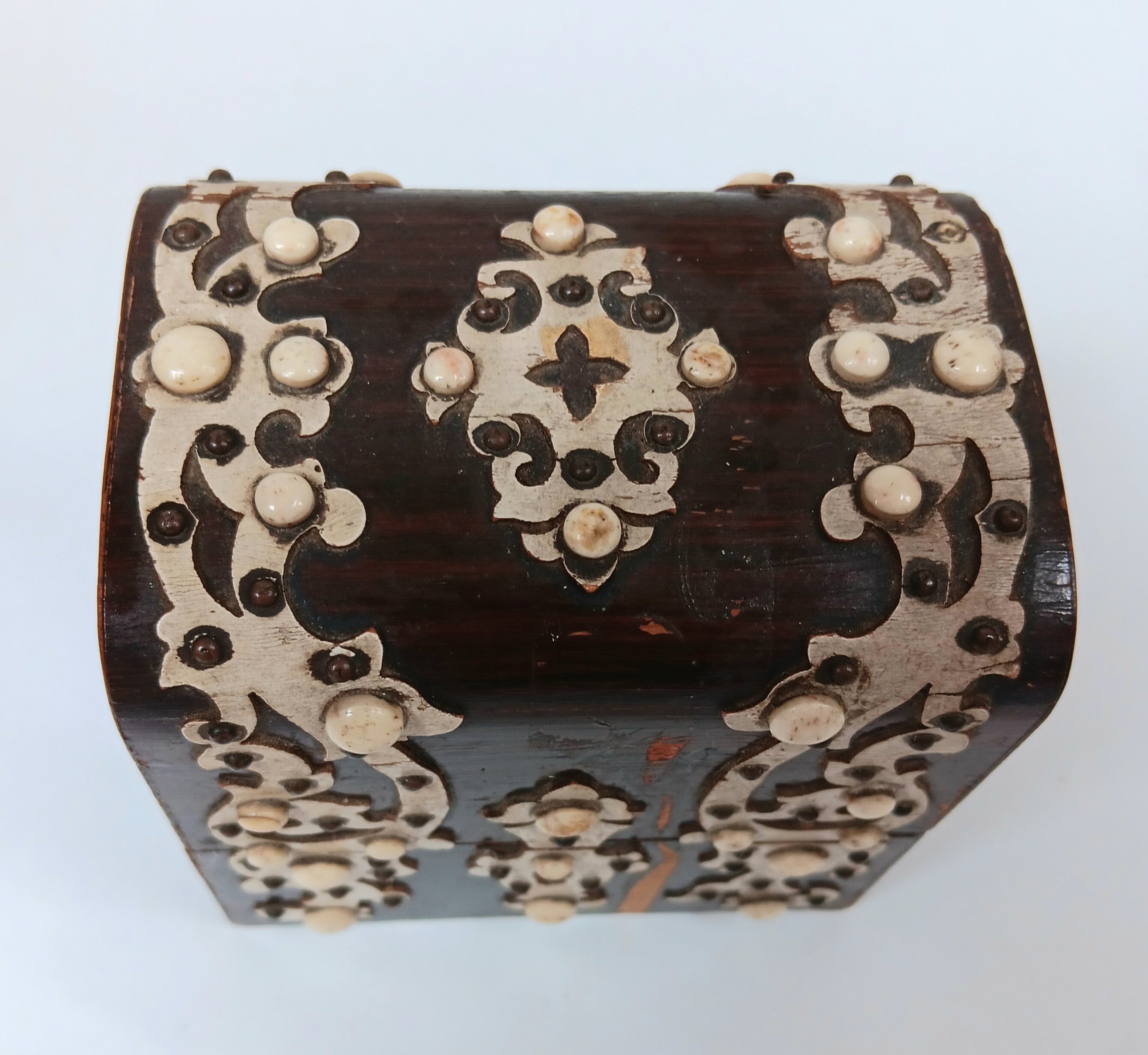 Antique Wooden Travel Casket Box With Scrolling Decoration and Two ...