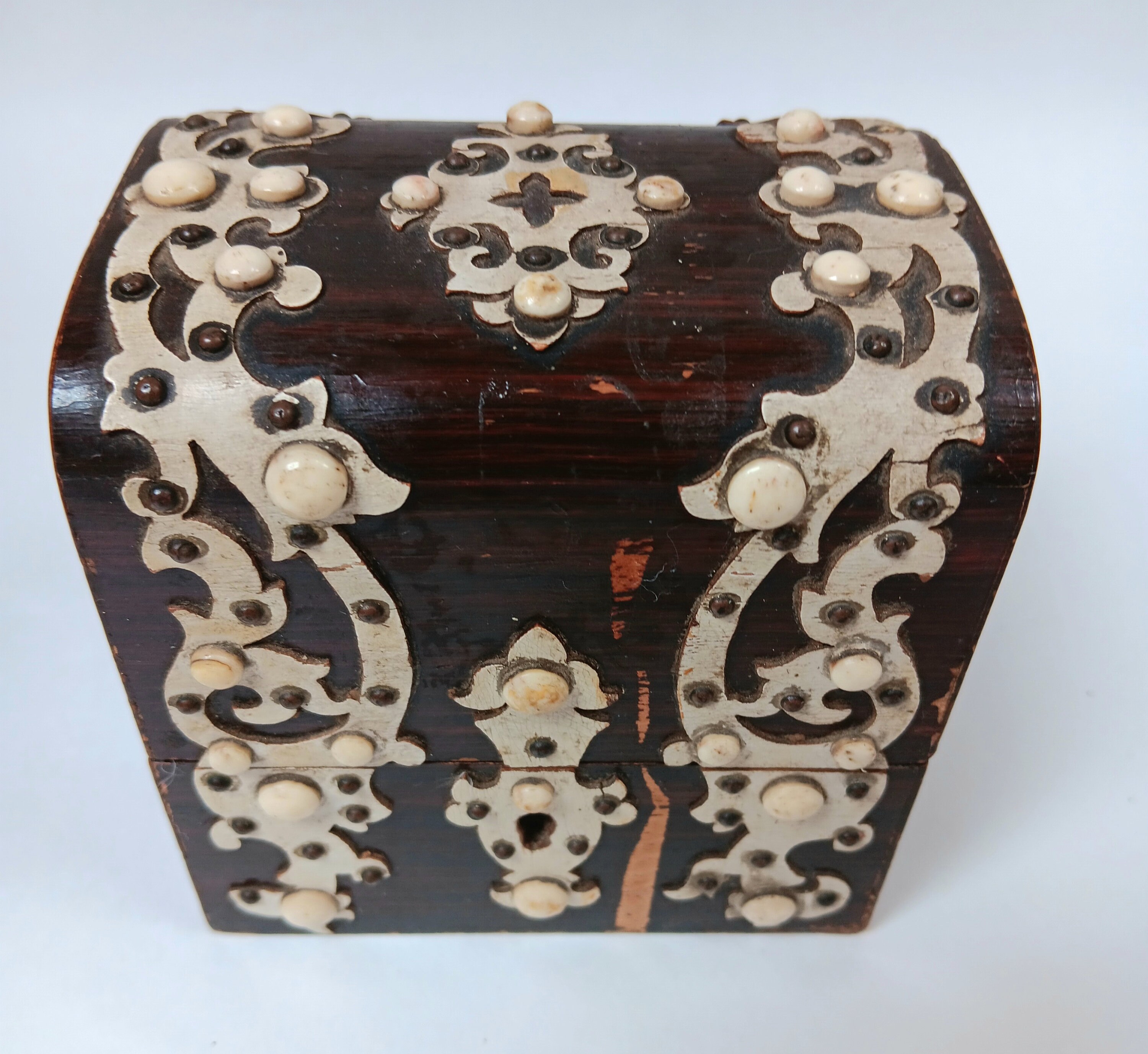 Antique Wooden Travel Casket Box With Scrolling Decoration and Two ...