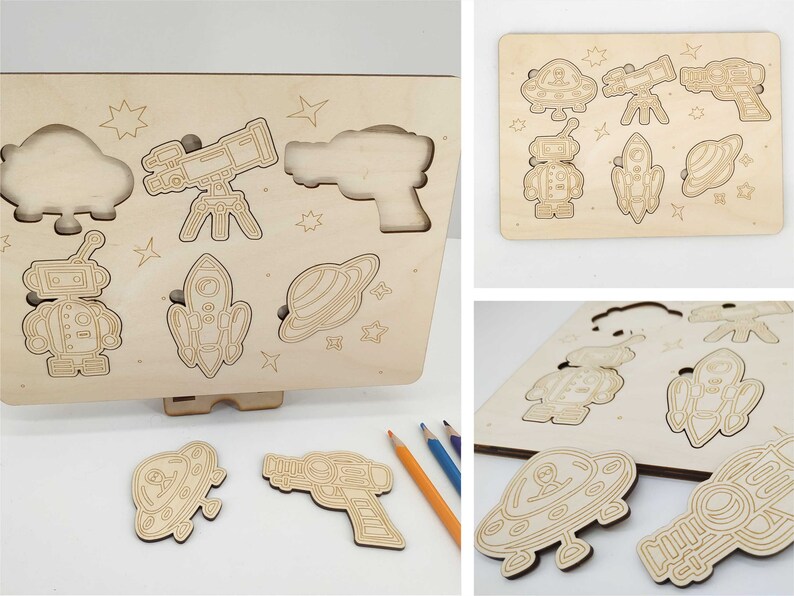 Wooden Space Aliens Puzzle, Educational Shape Puzzle Montessori Toy ...