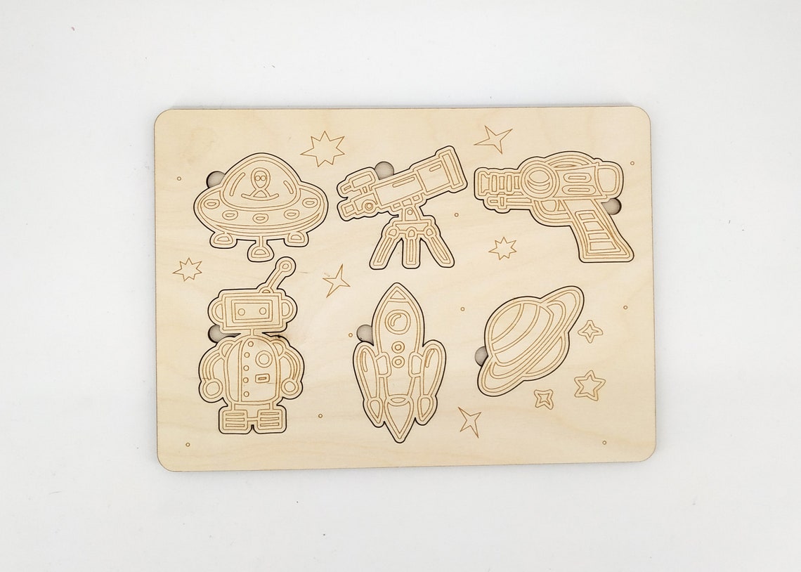 Wooden Space Aliens Puzzle, Educational Shape Puzzle Montessori Toy ...