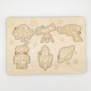 Wooden Space Aliens Puzzle, Educational Shape Puzzle Montessori Toy ...