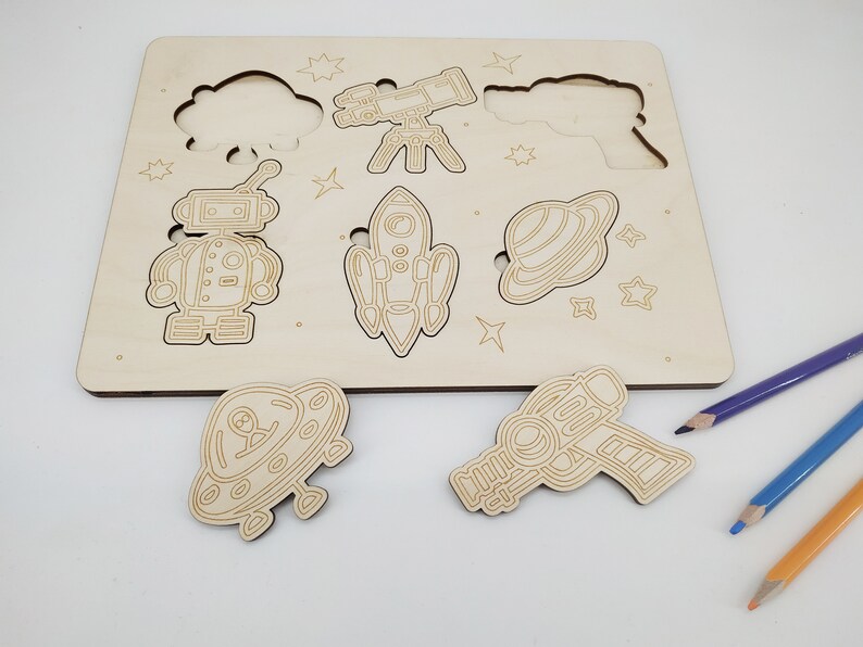 Wooden Space Aliens Puzzle, Educational Shape Puzzle Montessori Toy ...