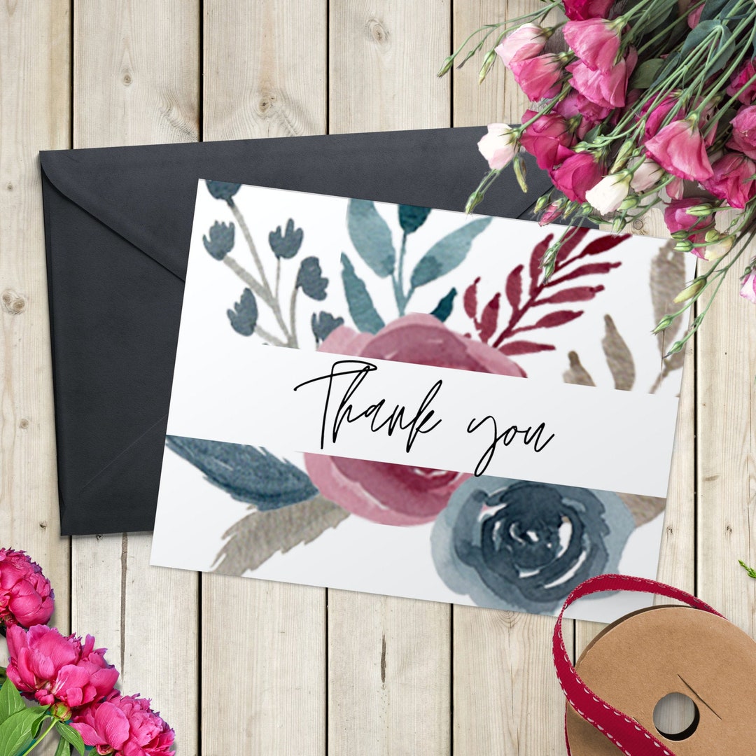 Printable Red Floral Thank You Note, Watercolor Floral Thank You Card ...