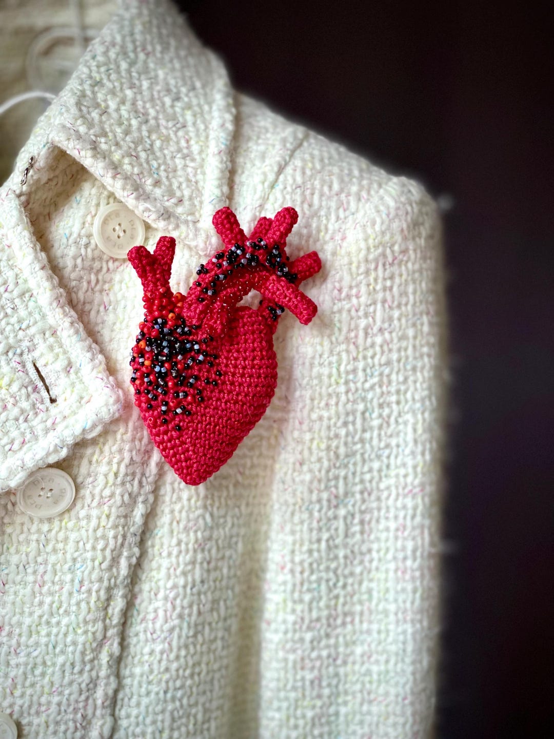 Red Beaded Crochet Heart Brooch - Etsy