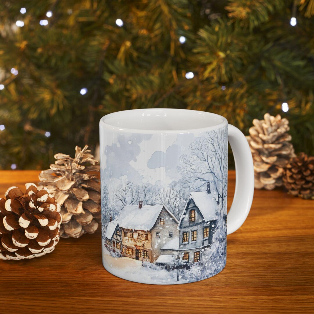 Holiday Cute Watercolor Winter Scene Ceramic Mug, Christmas Village ...