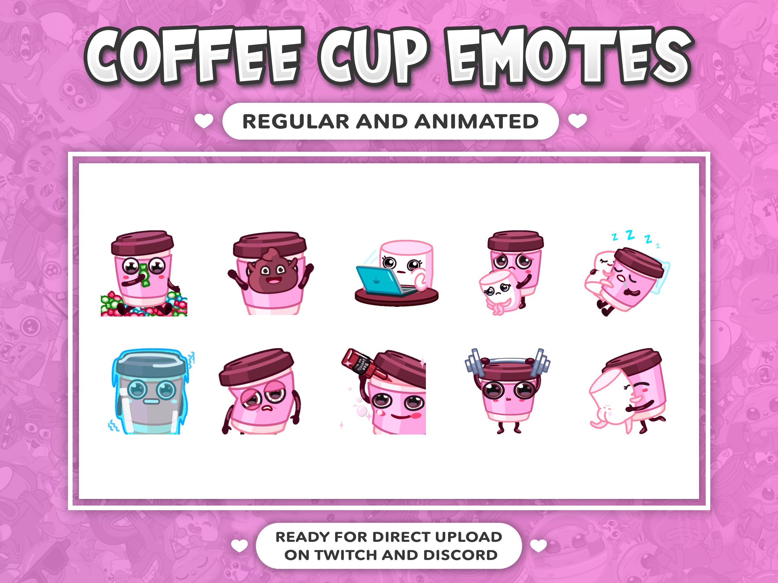 25 ANIMATED AND REGULAR Cute Pink Chibi Coffee Cup Emotes for Twitch ...