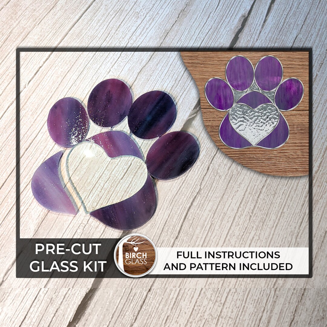 PRECUT GLASS Paw Print Heart Kit • Stained Glass • Mosaic Kit • Glass ...