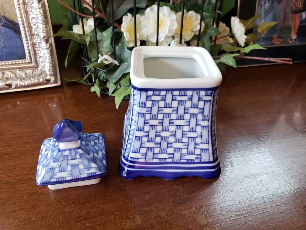 Pacific Rim Blue Ceramic Canister With Lid China Weave Pattern - Etsy