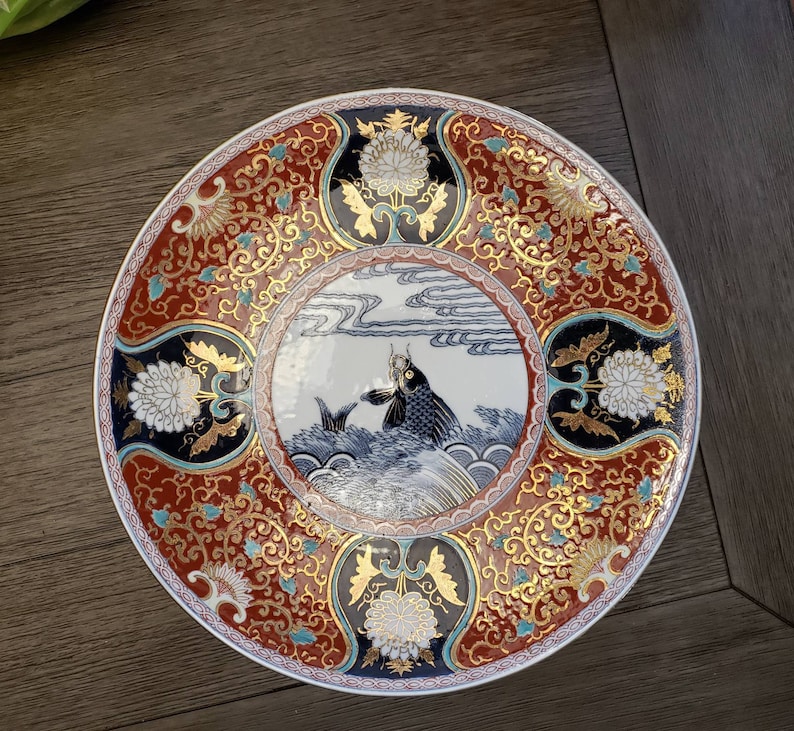 Large Vintage Dainan Japan Charger Plate Orange Blue Ceramic Platter ...