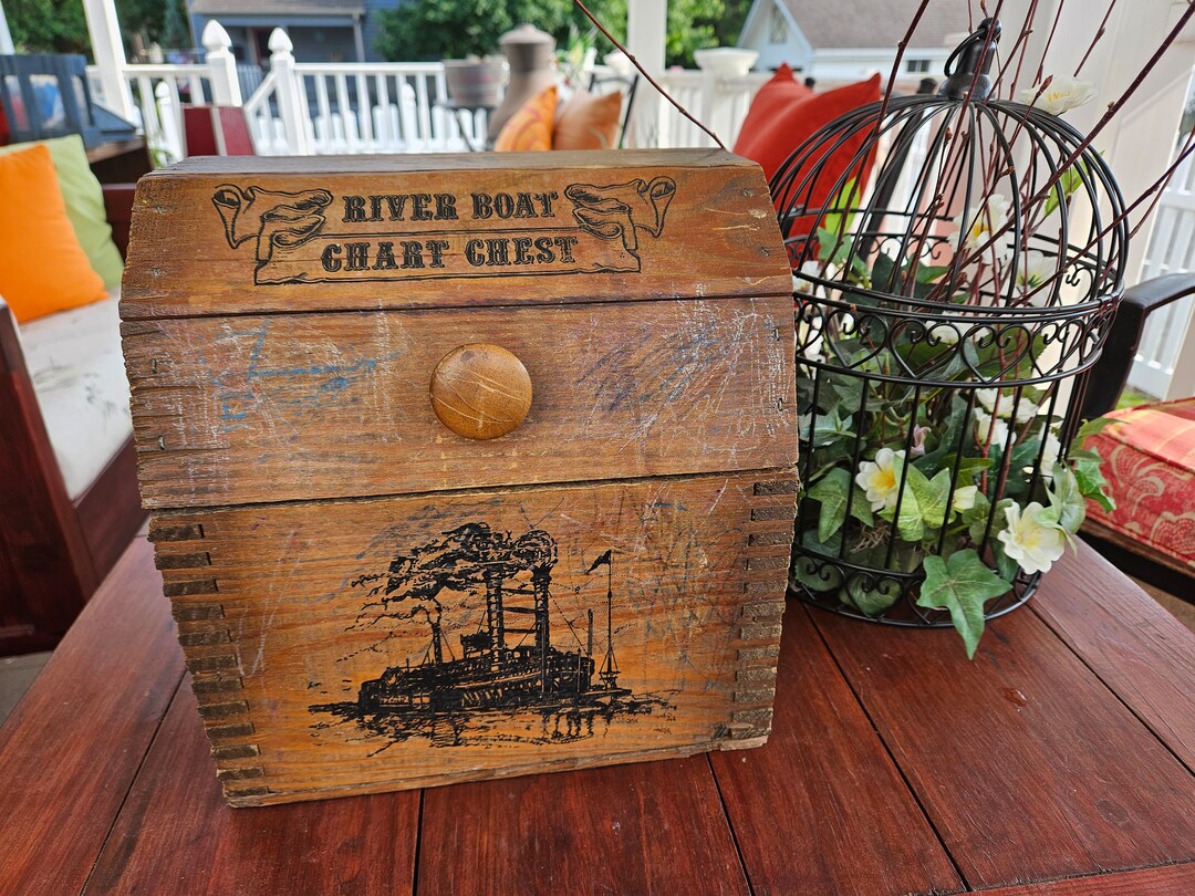 Vintage River Boat Chart Chest Wooden Hinged Box Treasure Chest - Etsy