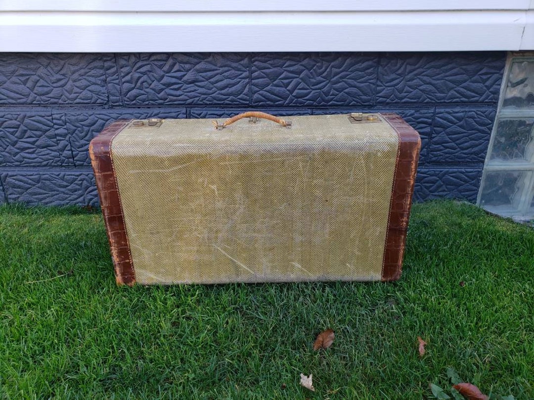 Vintage Suitcase 1920s Tweed Suitcase Bamboo Handle Shabby - Etsy
