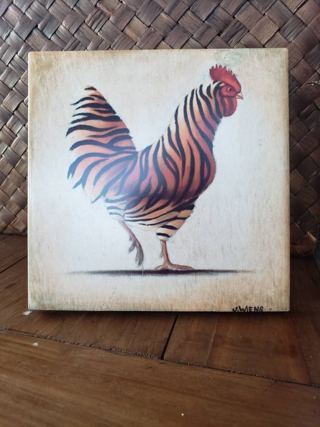 Feline Rooster Artwork J. Wiens Ceramic Tile Tabletop Decor - Etsy
