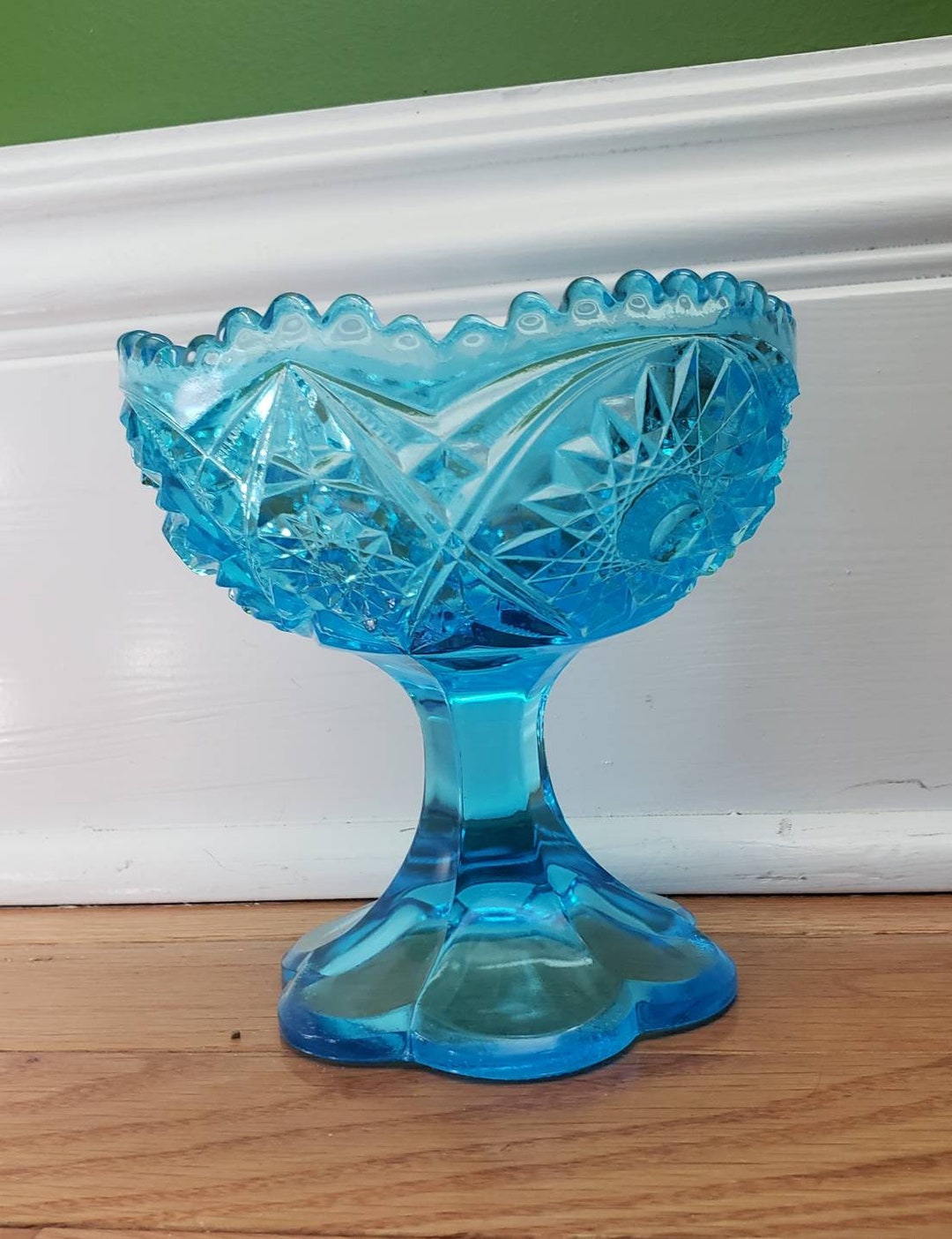 Kemple Wheaton Blue Glass Candy Pedestal Dish MCM - Etsy