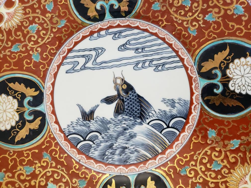 Large Vintage Dainan Japan Charger Plate Orange Blue Ceramic Platter ...