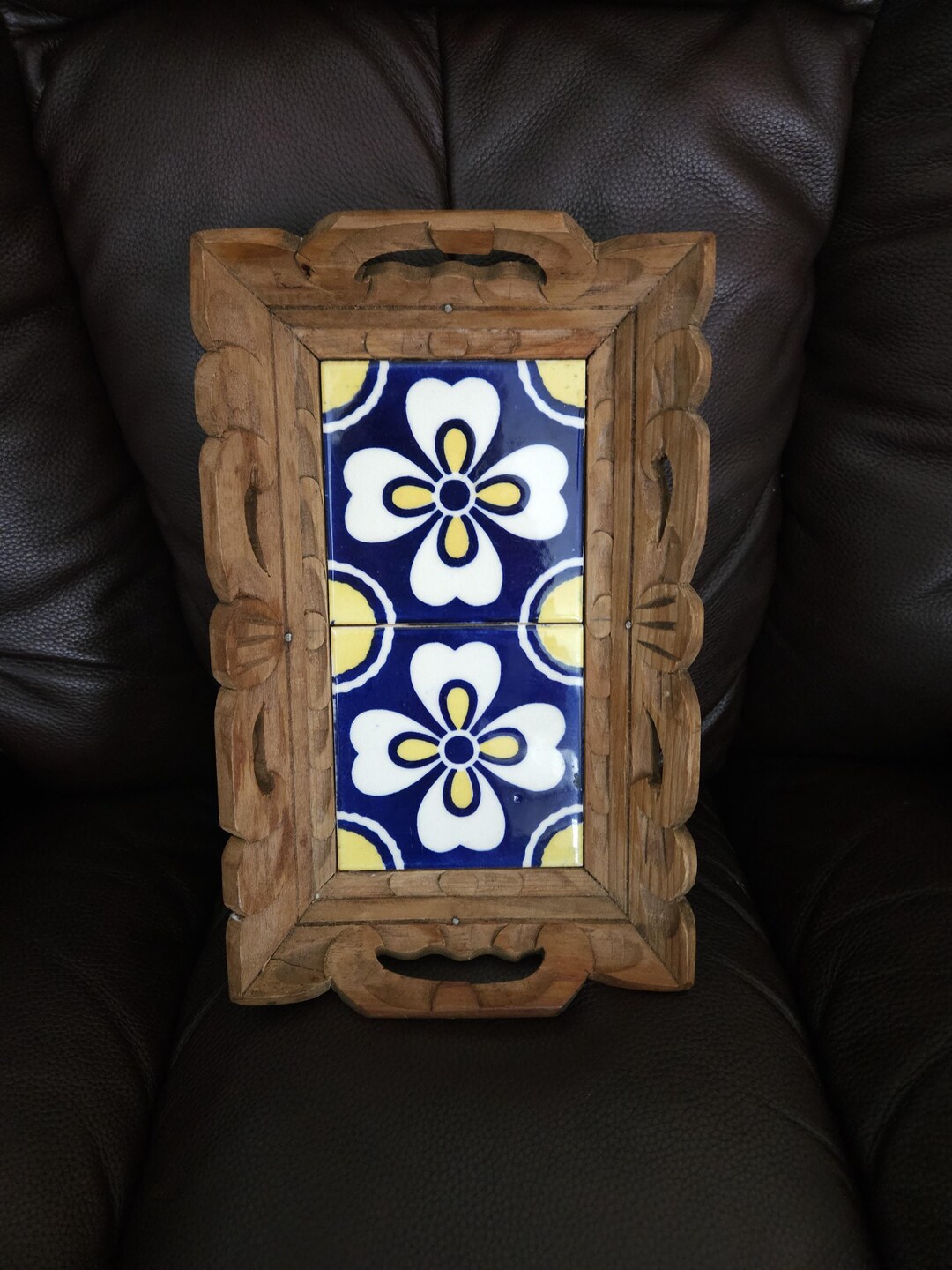 Vintage Talavera Tile Trivet – Hand-carved Wood Frame, Floral Folk Art ...