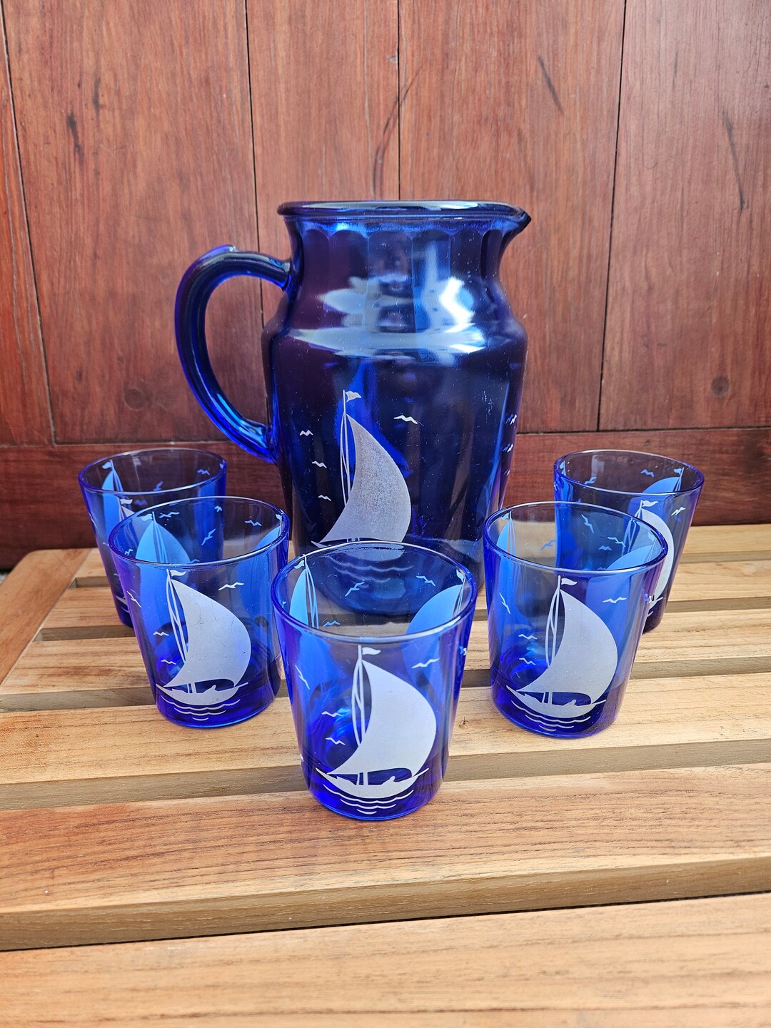Vintage Hazel Atlas Pitcher & 5 Glasses Set Sailboat Cobalt Blue ...