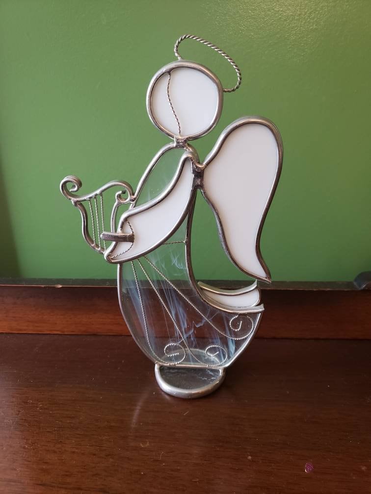 Stained Glass Angel Playing Harp Tabletop Figurine - Etsy