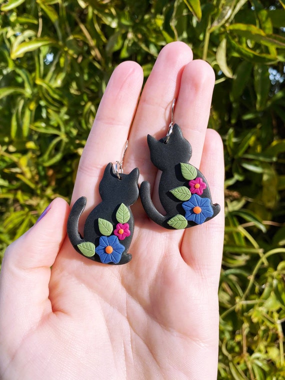 tasharoseclay Flower Cat Earrings Floral Cat Earrings Polymer Clay Cat Clay Cat Cat Earrings Cat Shelf Earrings Kitty Earrings