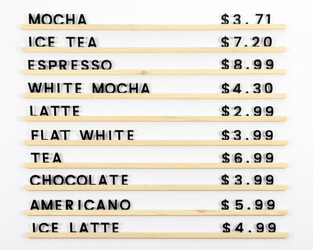 Pantalla de menú de cafetería con letras y rieles, tablero de menú ...