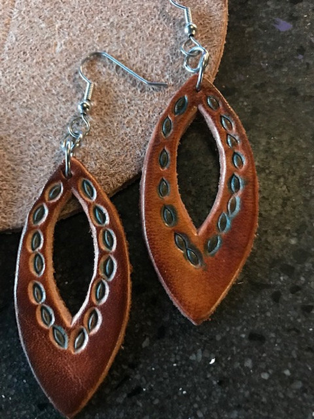 Boho Leather Hand Tooled Earrings in Eclipse Shape, Boho Chic Leather ...