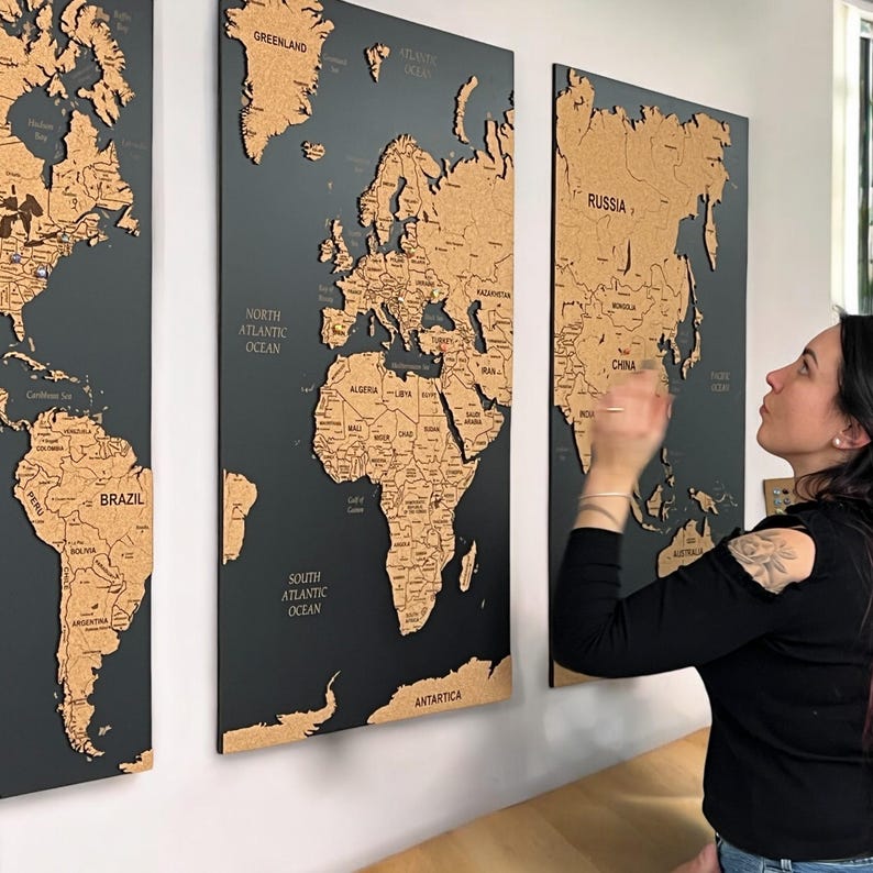 High Detail 3D Wooden World Map, Choice of Oak or Cork, Available in S ...