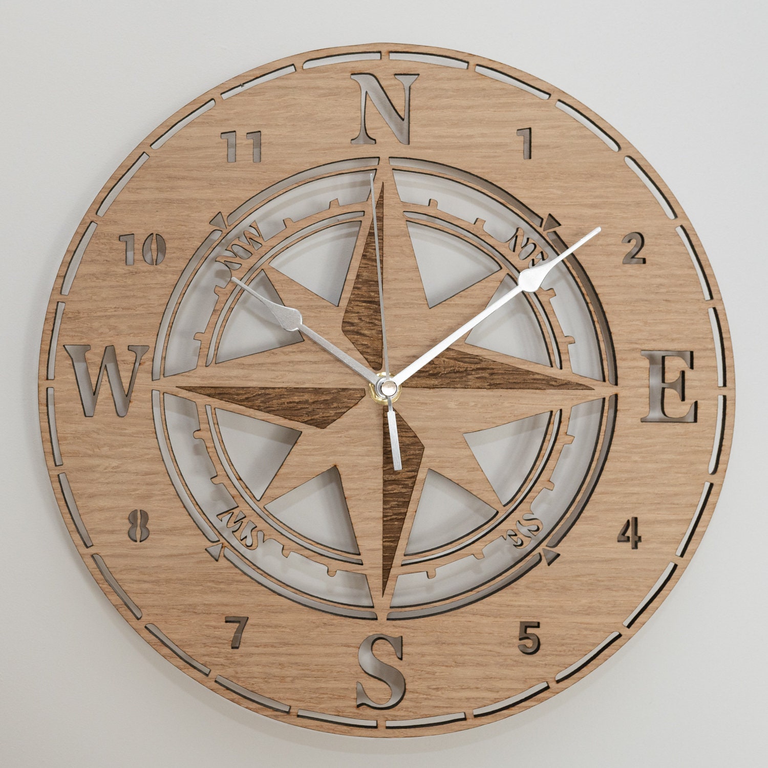 Handmade Wooden Silent Compass Wall Clock up to 90cm in Oak - Etsy