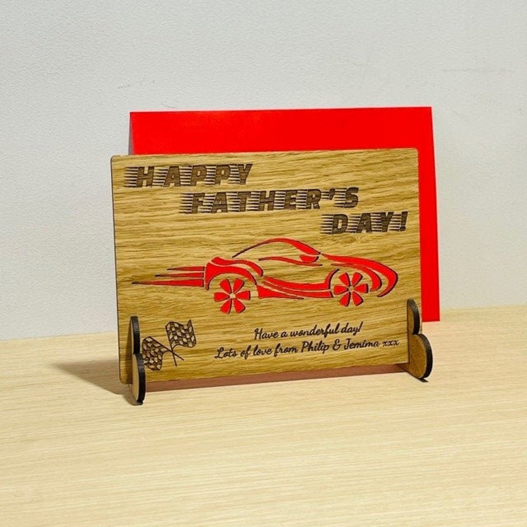 Personalised Wooden Racing Car Card - Wood Engraved for Happy Father's ...
