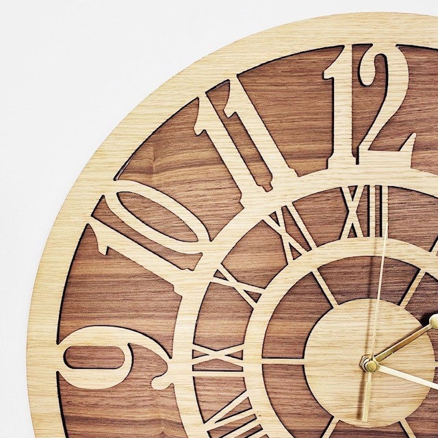 Handmade Wooden Silent Big Numbers Wall Clock up to 90cm in Layered Oak ...